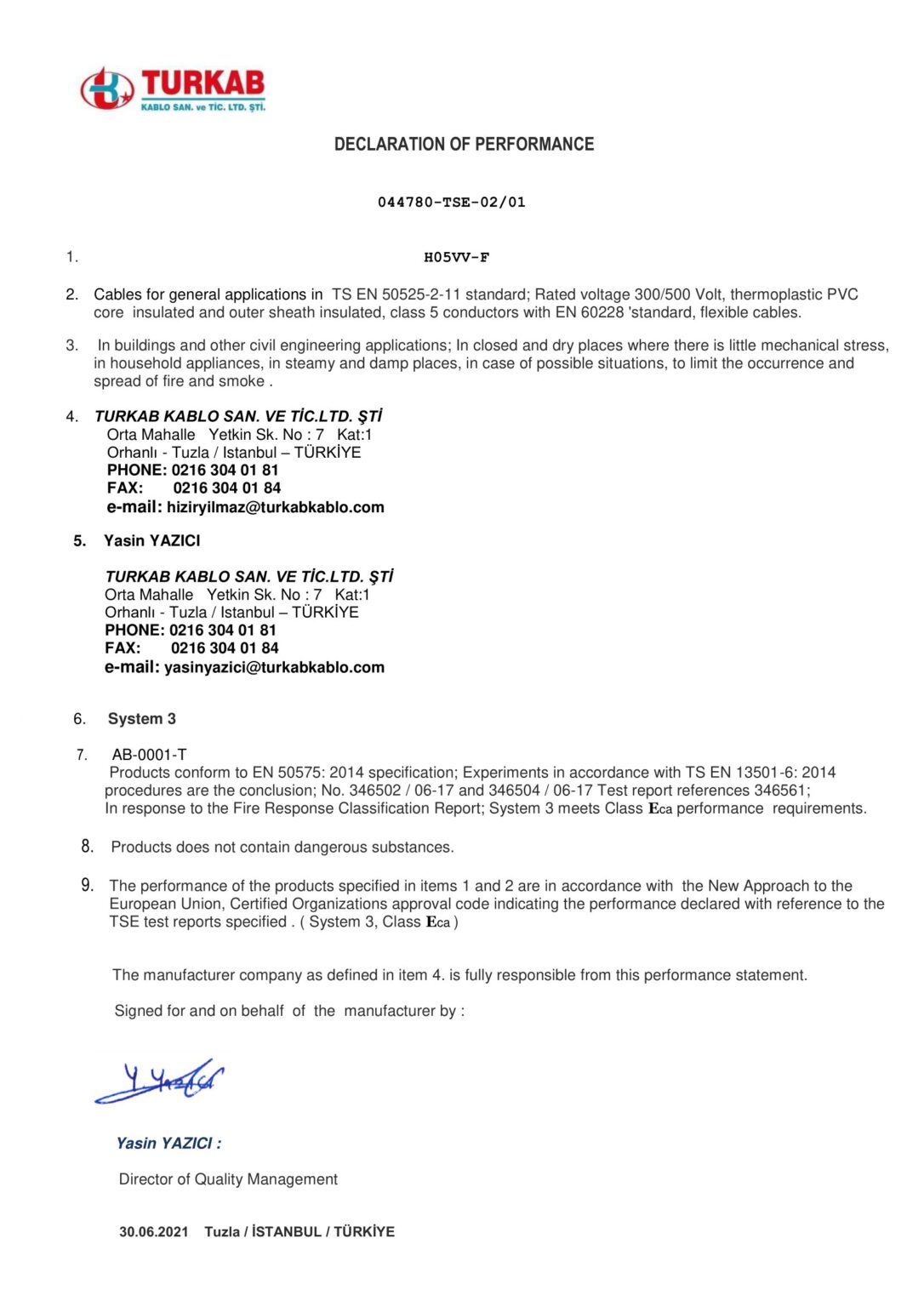 QUALITY CERTIFICATES – Turkab Cable