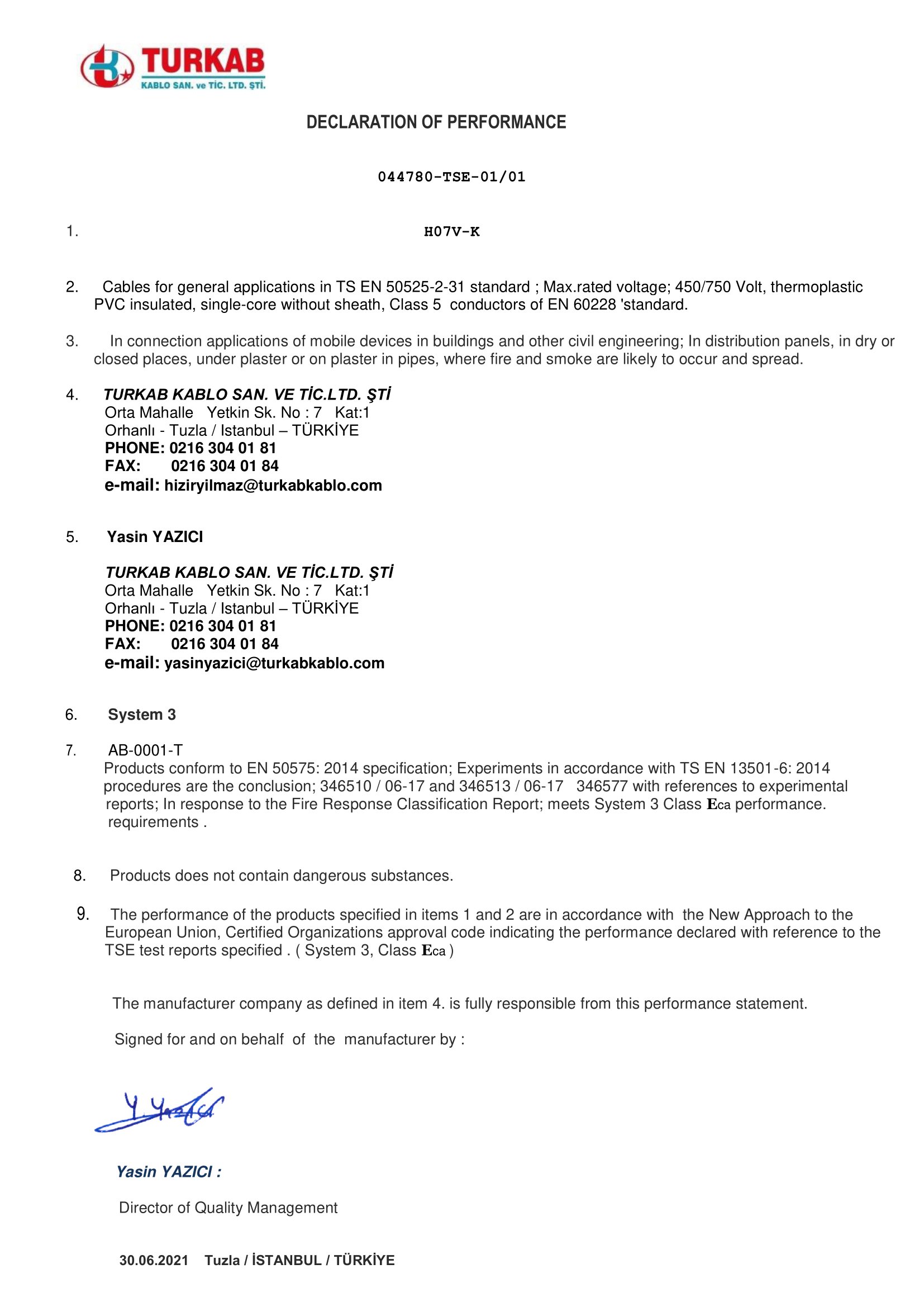 QUALITY CERTIFICATES – Turkab Cable
