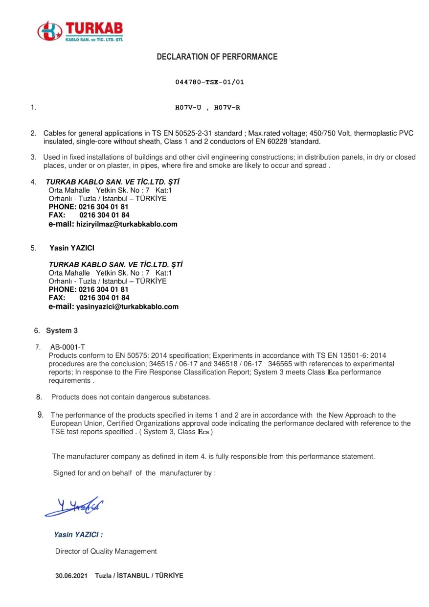 QUALITY CERTIFICATES – Turkab Cable