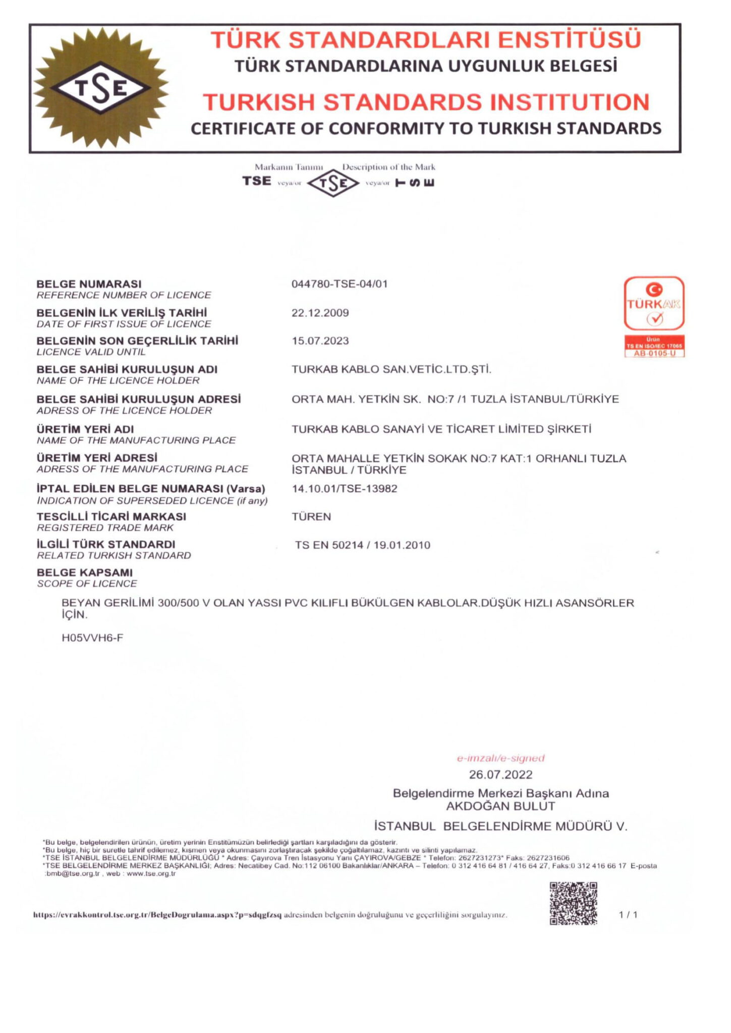 QUALITY CERTIFICATES – Turkab Cable